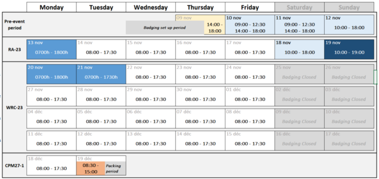 Badging desk Opening hours – WRC-23